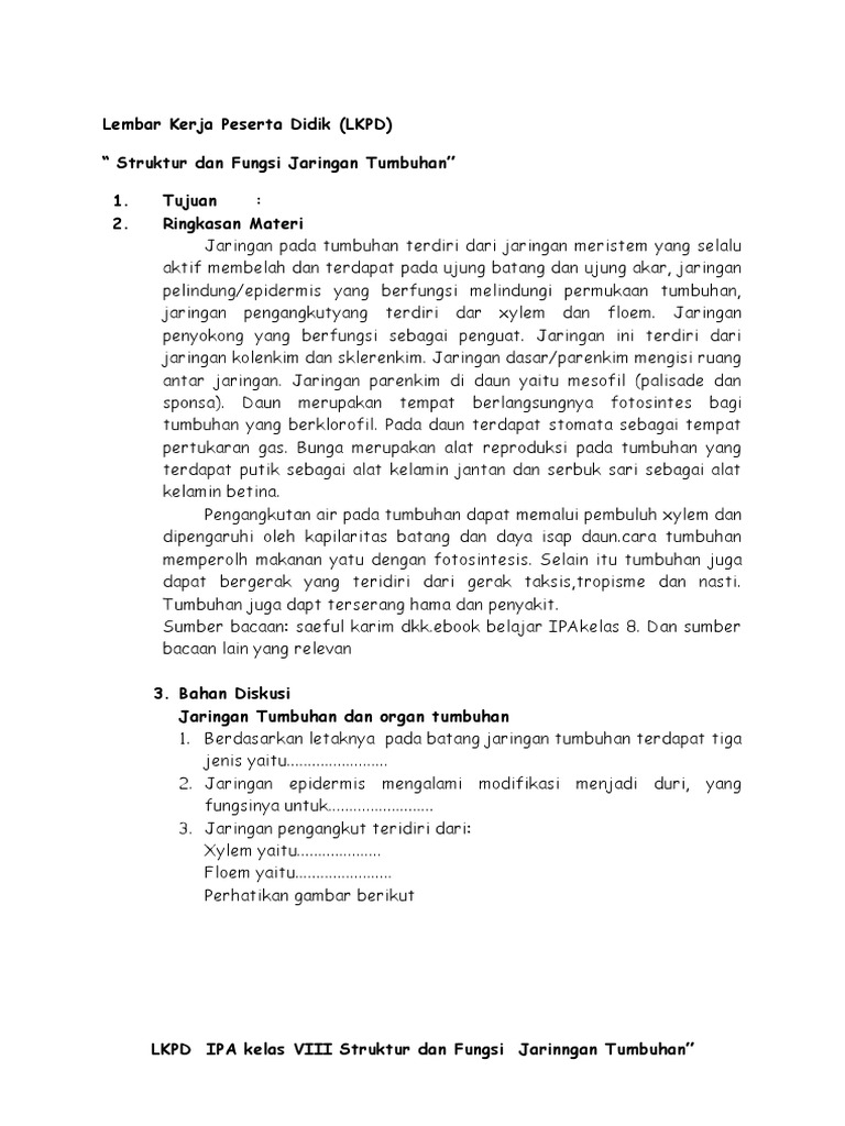 LKPD Struktur Dan Fungsi Jaringan Tumbuhan | PDF LKPD Struktur Dan Fungsi Jaringan Tumbuhan | PDF