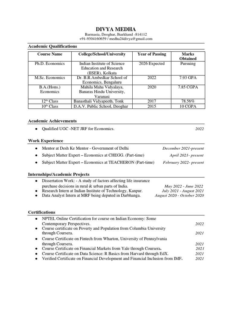 Divya Medha CV | PDF | Economies