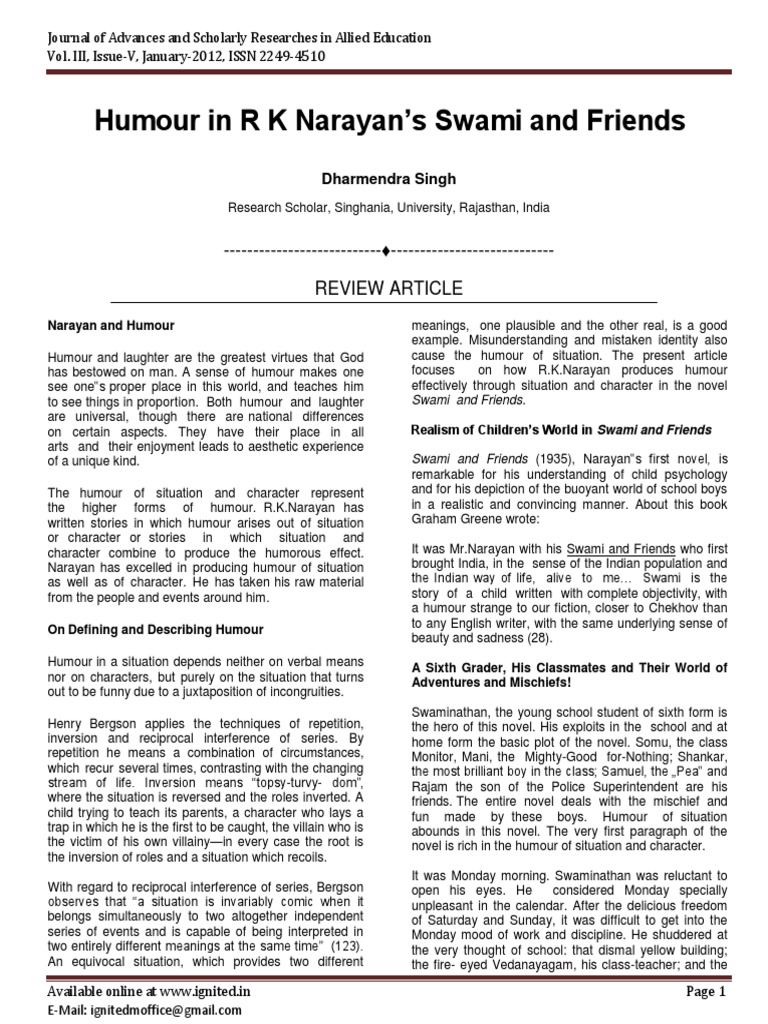 Humour in R K Narayan's Swami and Friends | PDF | Humour