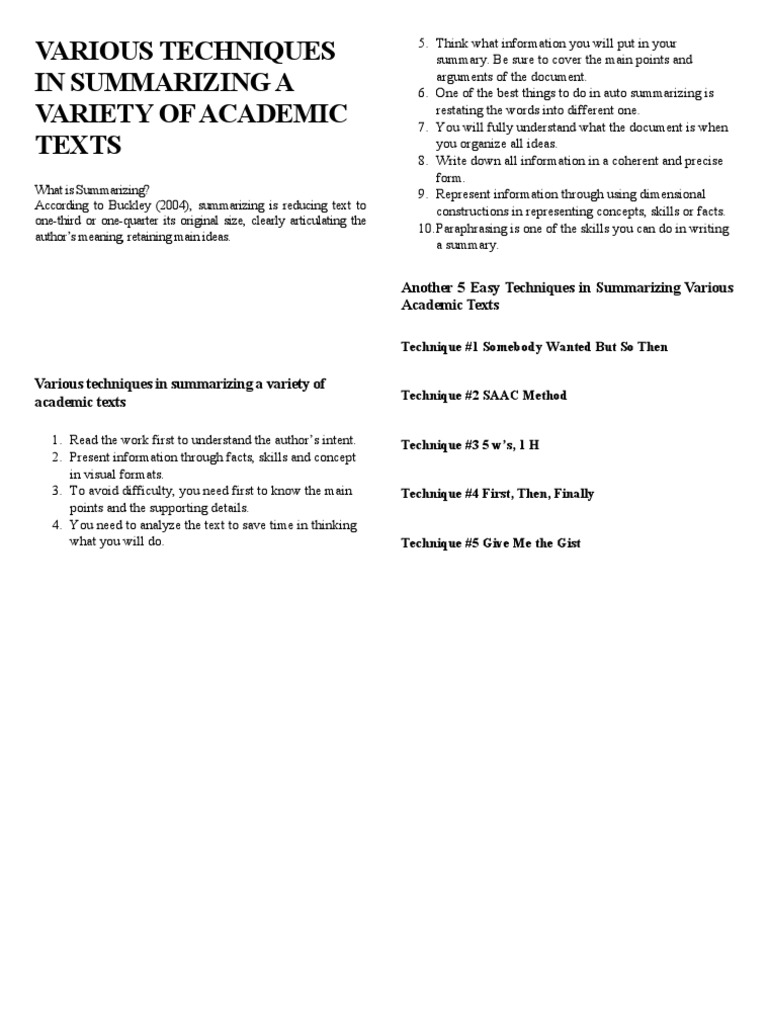 Various Techniques in Summarizing A Variety of Academic Texts | PDF ...