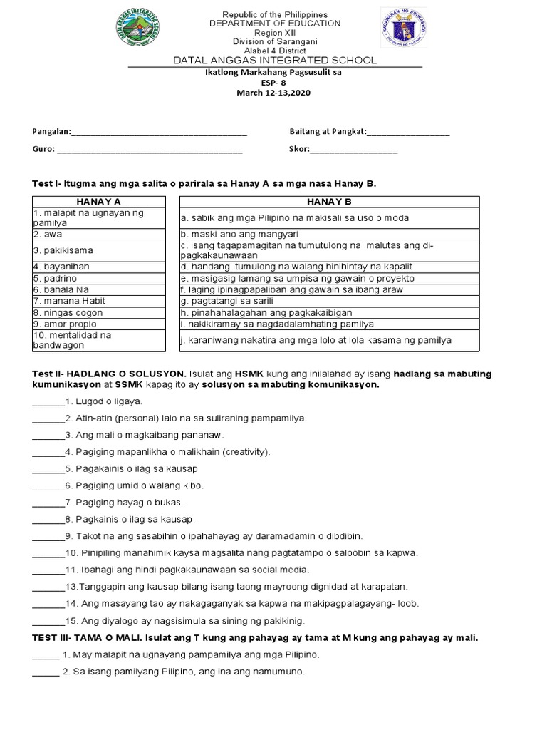 4th Quarter Exam - Grade 8 | PDF