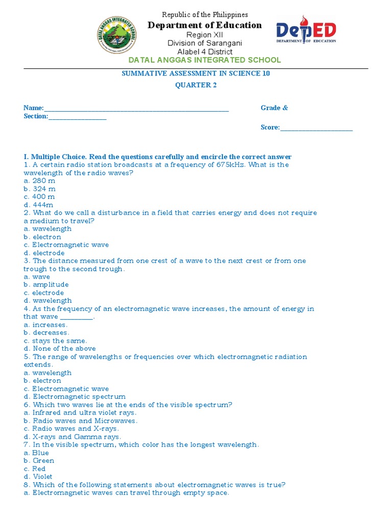 Science 10 Student Assessment | PDF | Electromagnetic Radiation ...