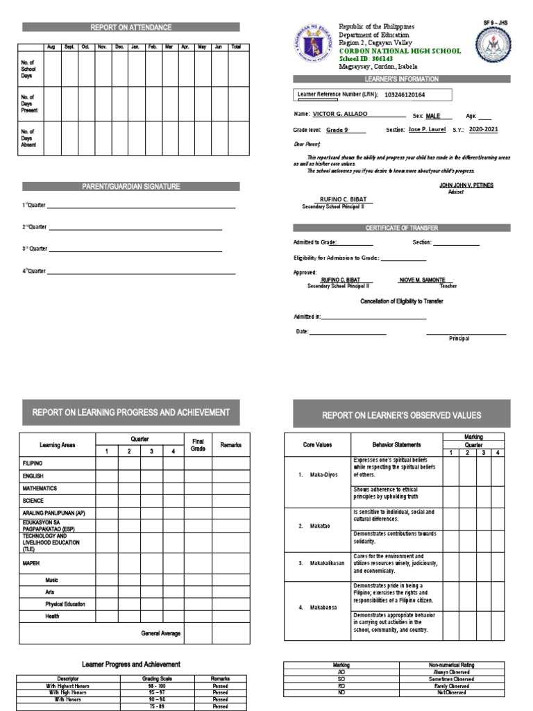 Card Grade 9 LAUREL 2020 2021 | PDF | Learning