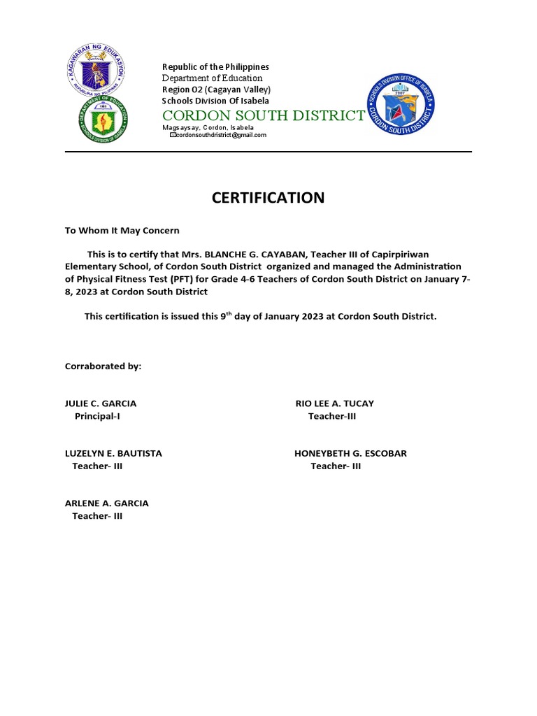 PFT Certification for Blanche G. Cayaban | PDF