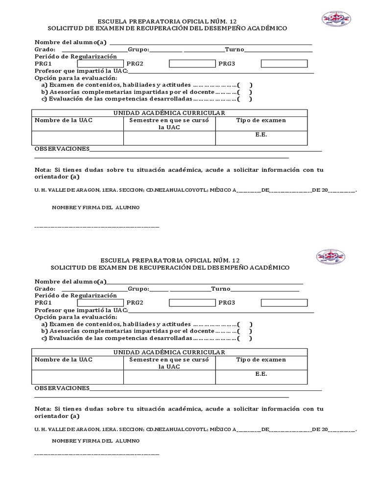 Solicitud de examen de recuperación académica | PDF | Prueba (evaluación) | Evaluación