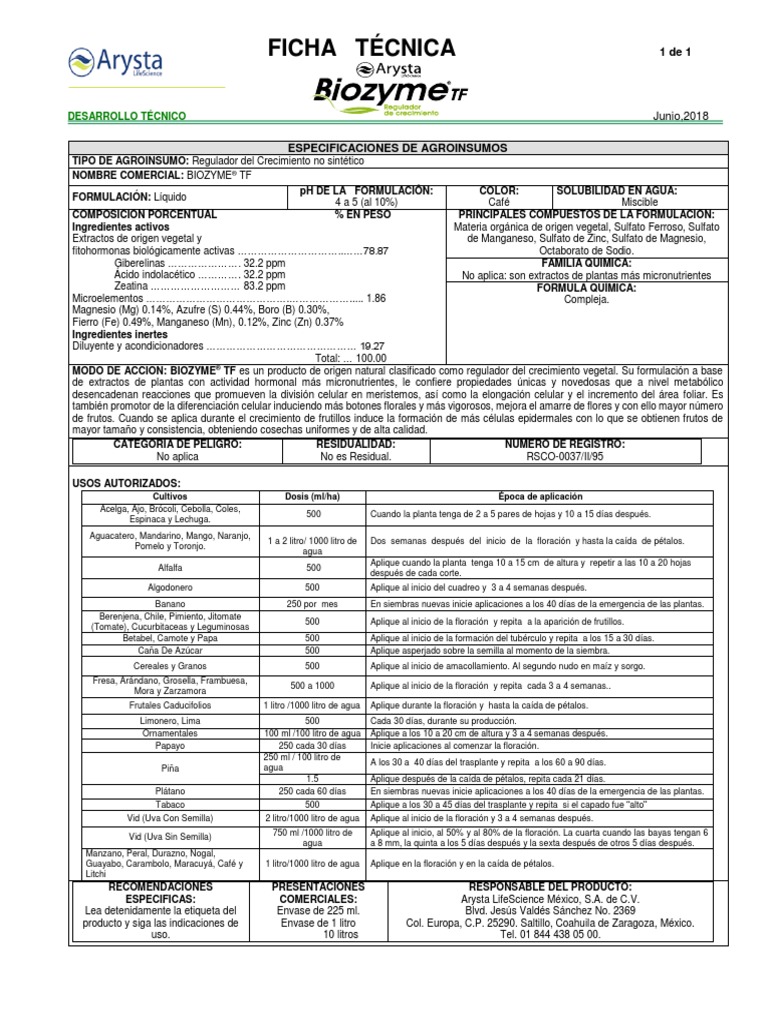 Biozyme TF | PDF | Hormona Vegetal | Cultivos
