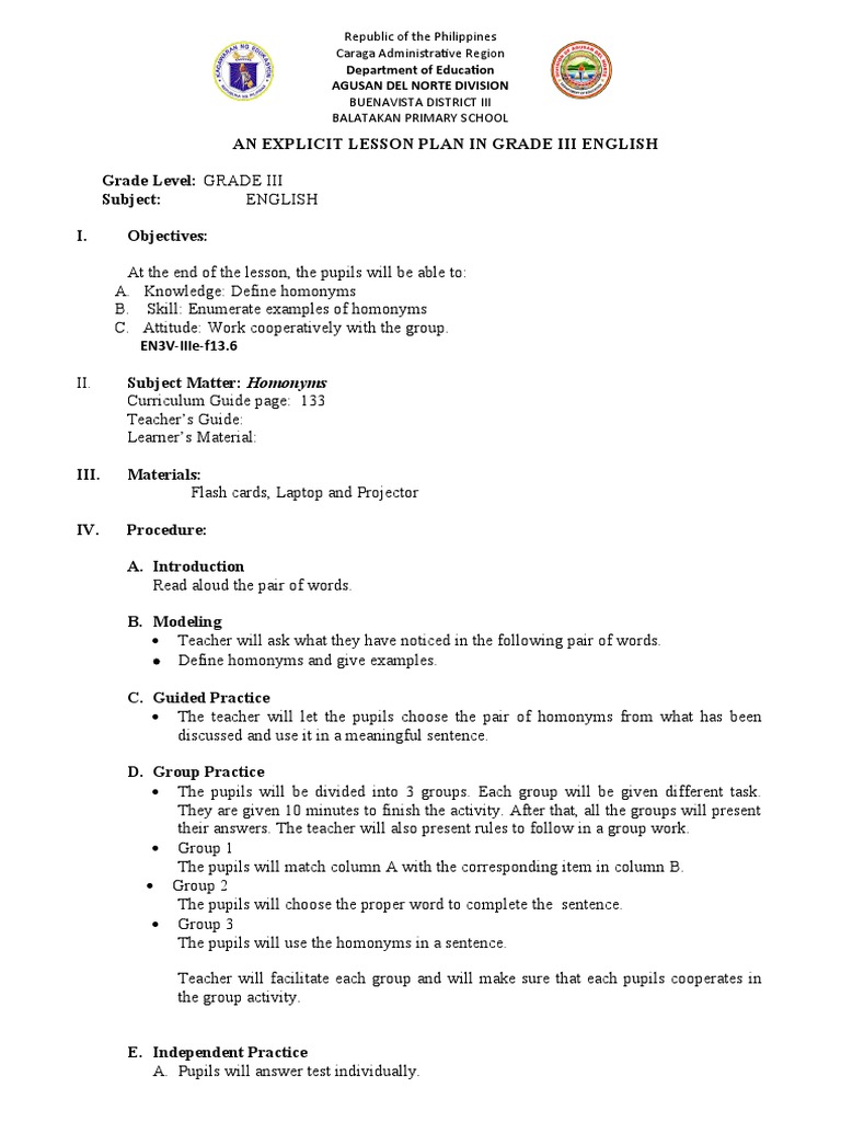 An Analysis of an Explicit Lesson Plan on Teaching Homonyms to Third ...