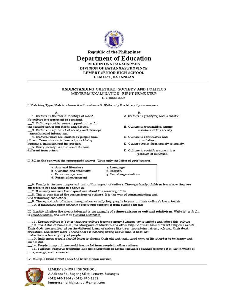 MIDTERM UCSP 1ST SEM - Edited | PDF | Socialization | Neolithic