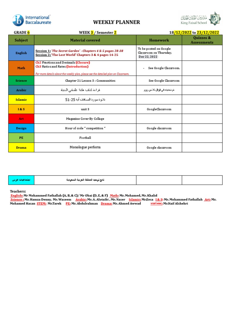 MYP G6 - Weekly Planner - S2 - Week 3 | PDF