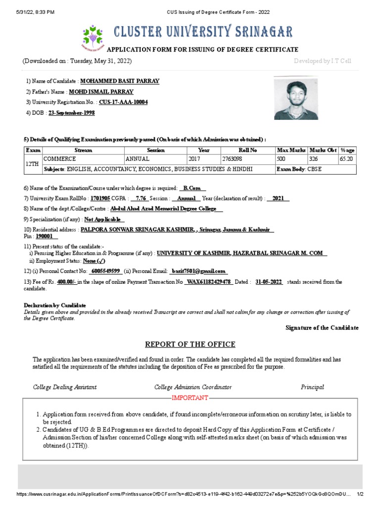 CUS Issuing of Degree Certificate Form - 2022 | PDF | Finance & Money Management