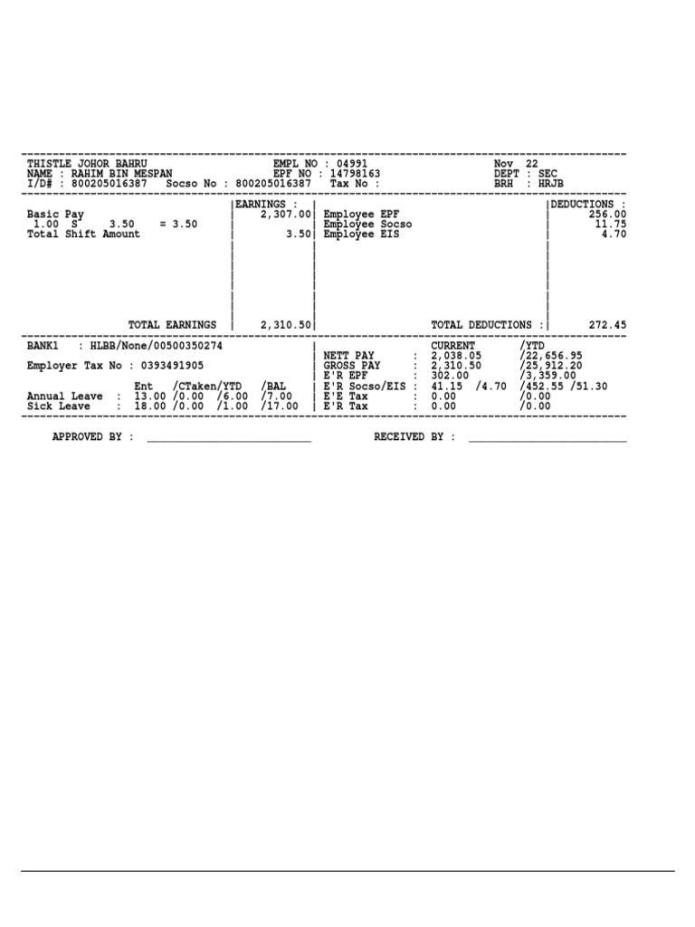 Thistle Johor Bahru Nov Pay Slip | PDF | Government Finances ...