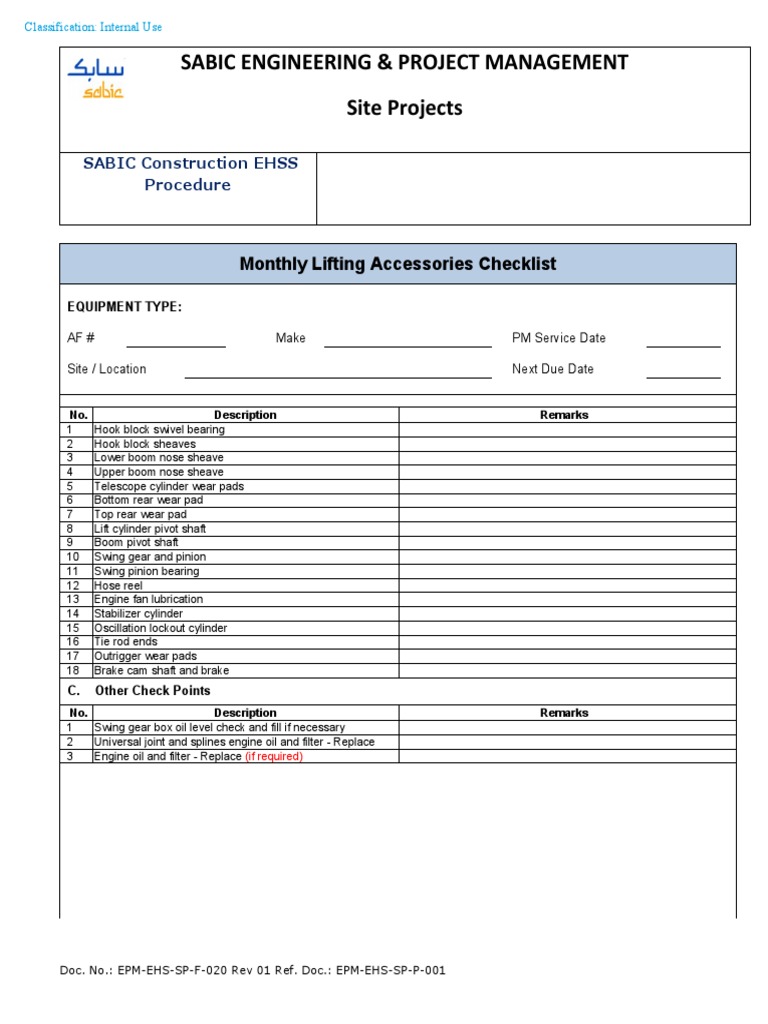 Monthly Lifting Equipment Checklist for Safety Inspections at SABIC ...