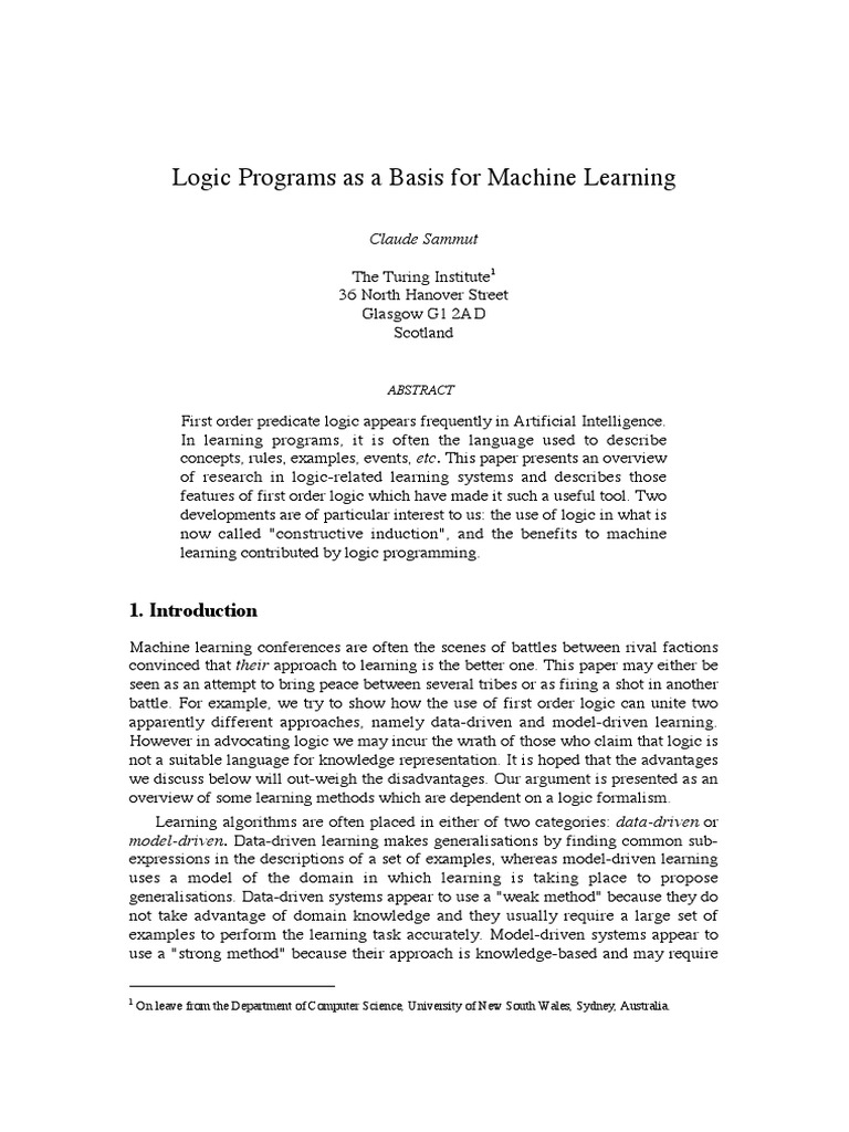 Logic Programs As A Basis For Machine Learning: Claude Sammut | PDF | Logic | Machine Learning