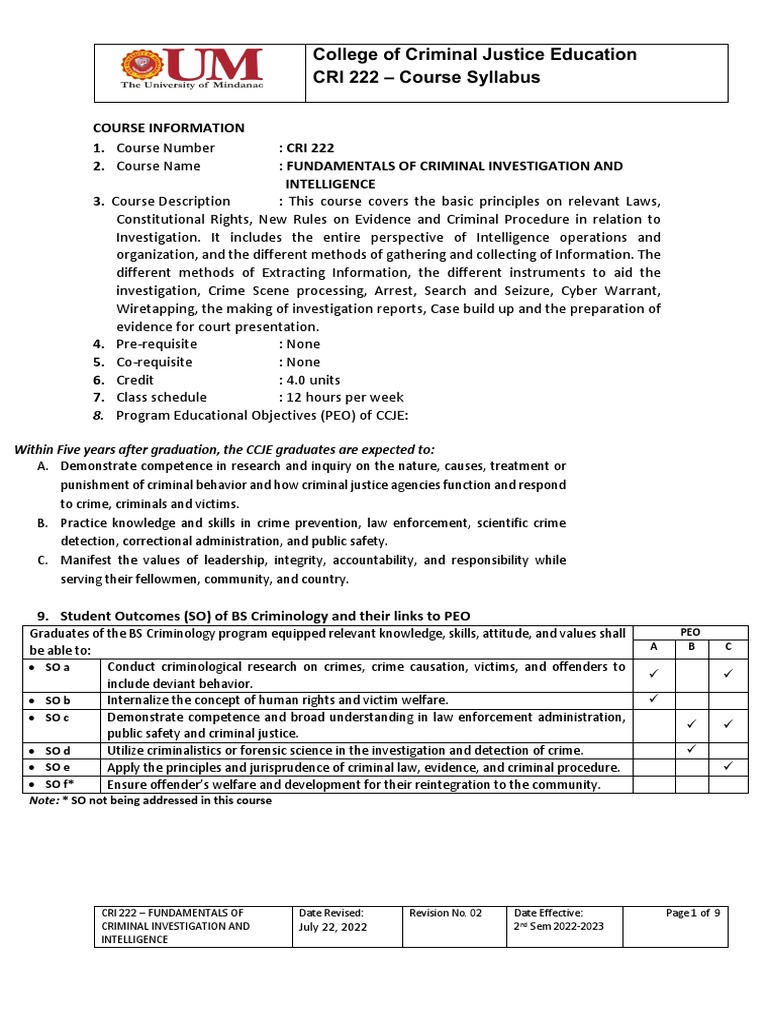 CRI 222 - SYLLABUS - Revised | PDF | Test (Assessment) | Crime & Violence
