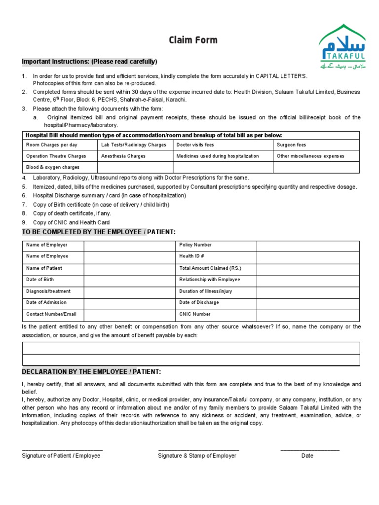 1107398b-09a0 - Salaam Health Claim Form | PDF | Hospital | Patient