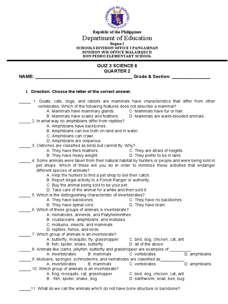 Science 6 Q2 Wk5-6 Quiz 3 | PDF | Invertebrate | Zoology