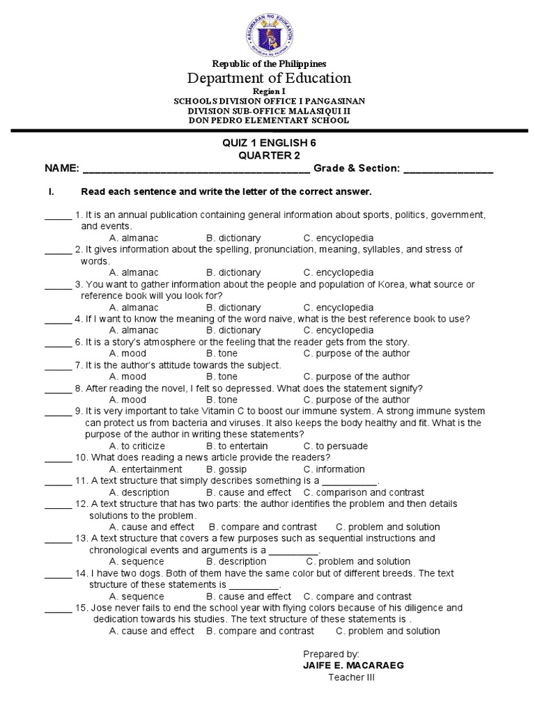 English 6 Quarter 2 Quiz 1 | PDF | English Language | Cognition