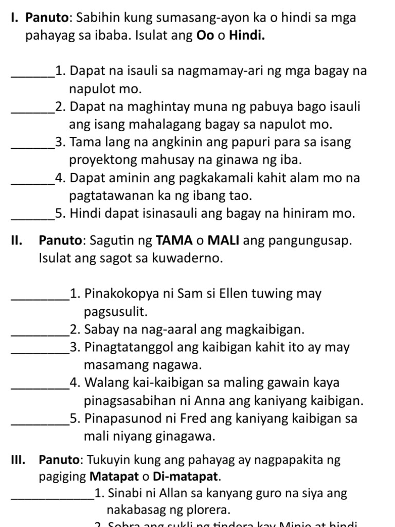 Esp 6 q2 Wk3-4 Quiz 2 | PDF
