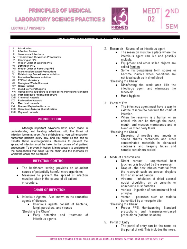 MEDT02 Lesson 2 - Safety in Phlebotomy | PDF | Infection | Personal ...