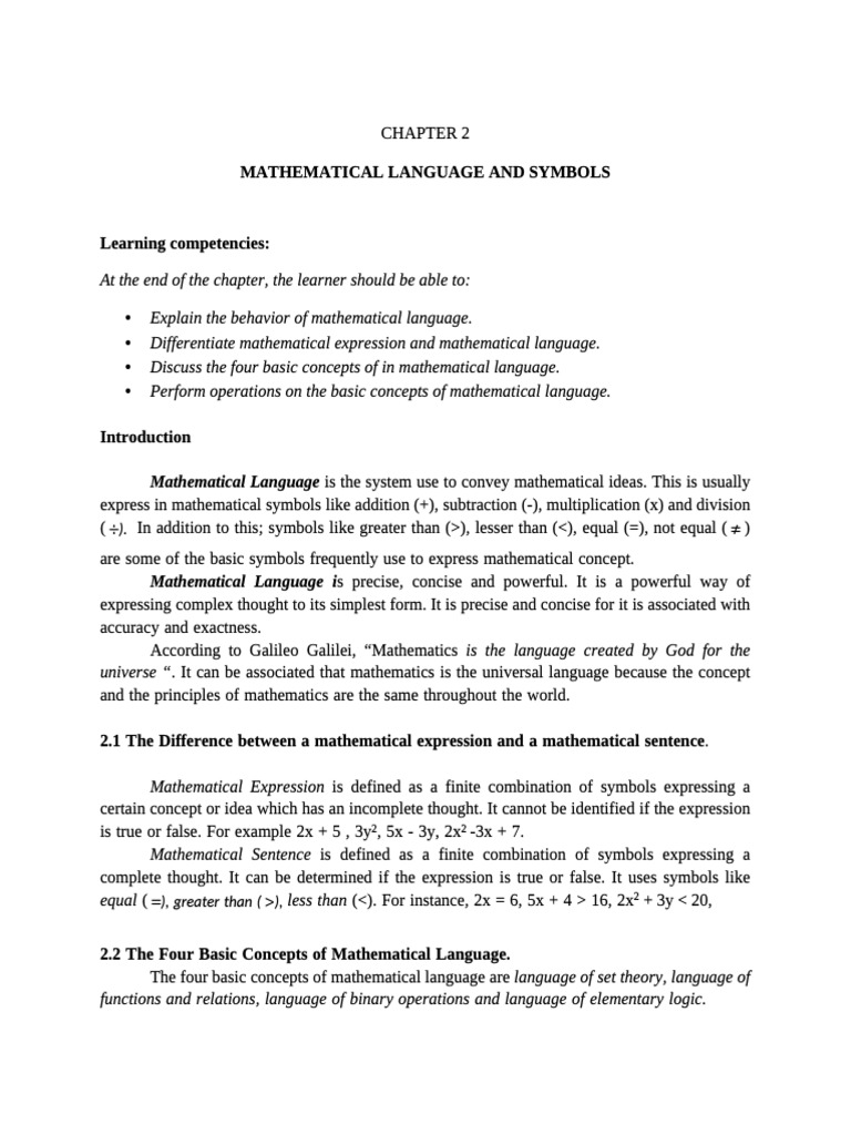 MFTMW Chapter 2 MATHEMATICAL SYMBOLS AND LANGUAGEsix - Docx2 3 | PDF ...