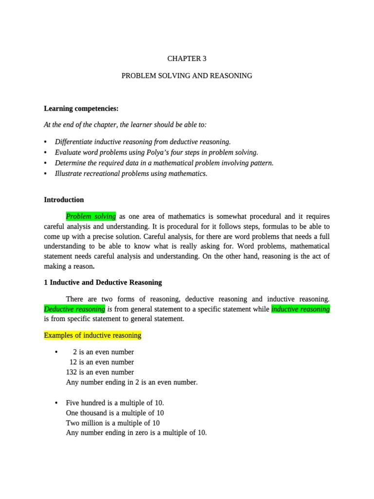 MFTMW Chapter 3 PROBLEM SOLVING AND REASONING | PDF | Numbers | Reason