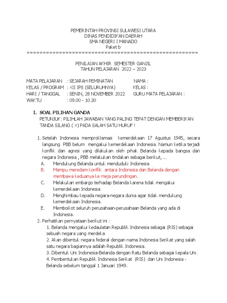 Soal Ujian Sej Peminatan Kelas 12 Paket B | PDF