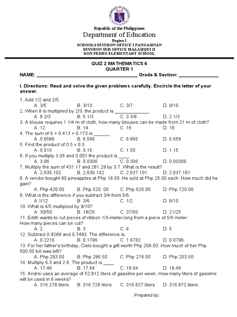Math 6 Q1 Quiz 2 | PDF