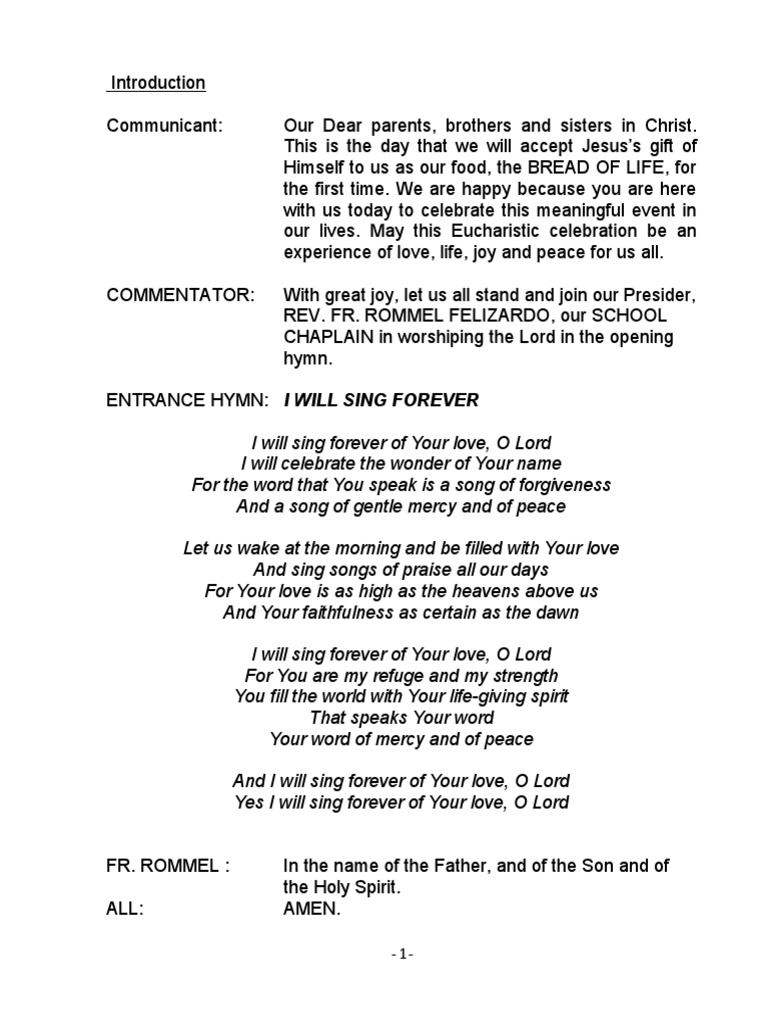 First Communion Liturgy | PDF | Eucharist | God The Father