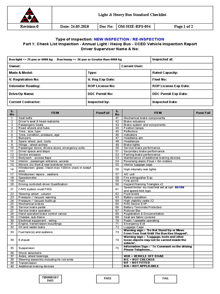 OM-HSE-RPS-054 - Light & Heavy Bus Standard Check List | PDF | Brake ...