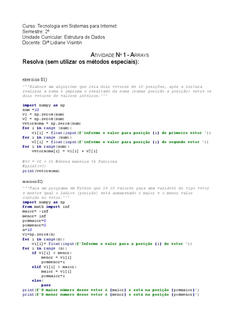 Atividade 1 Arrays | PDF | Métodos e Materiais de Ensino | Computadores