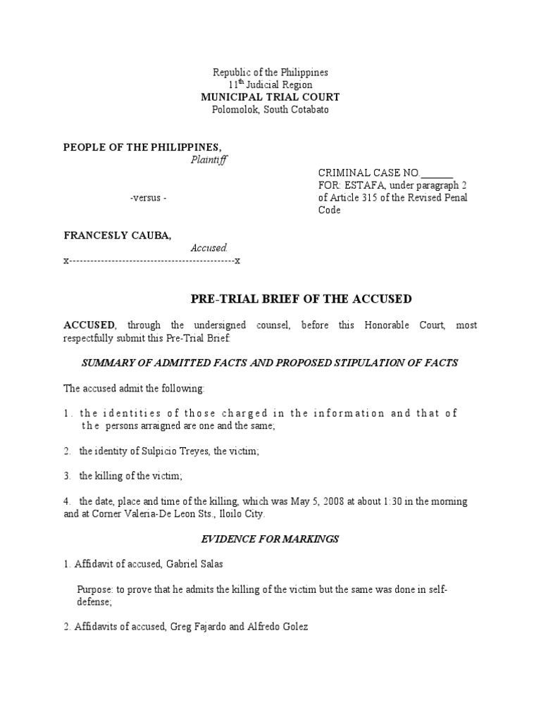 Pre-Trial Brief for Estafa Case | PDF
