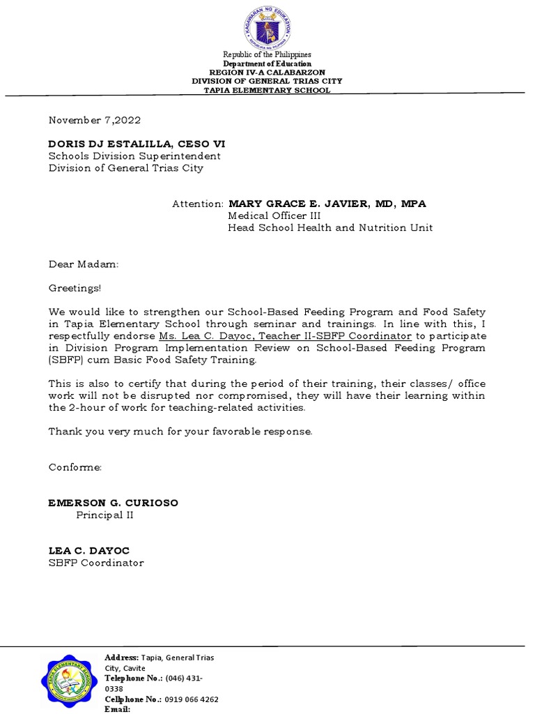 Endorsement Letter SBFP 2022 | PDF | Nutrition | Diet & Nutrition
