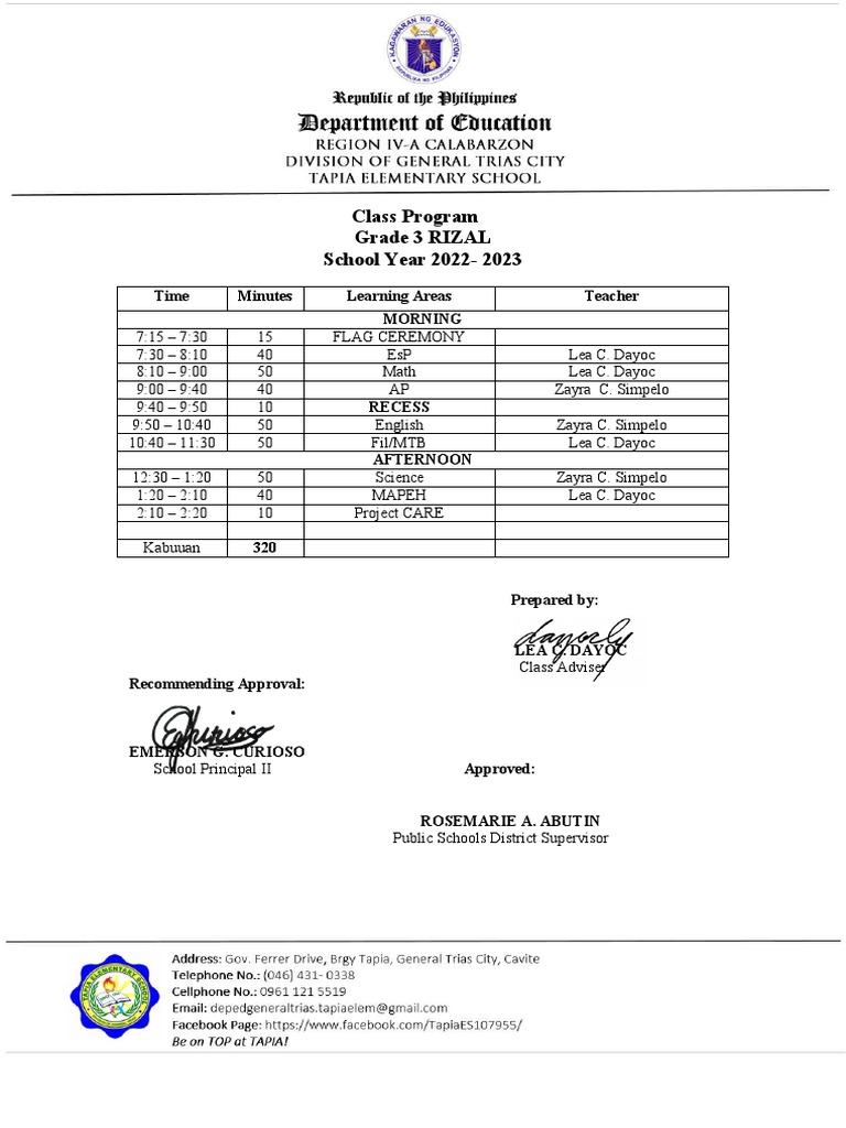 Grade 3 Class Schedule 2022-2023 | PDF