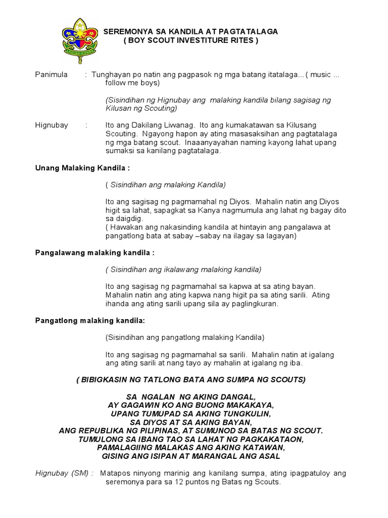 SEREMONYA SA KANDILA AT PAGTATALAGA Scout Investiture | PDF