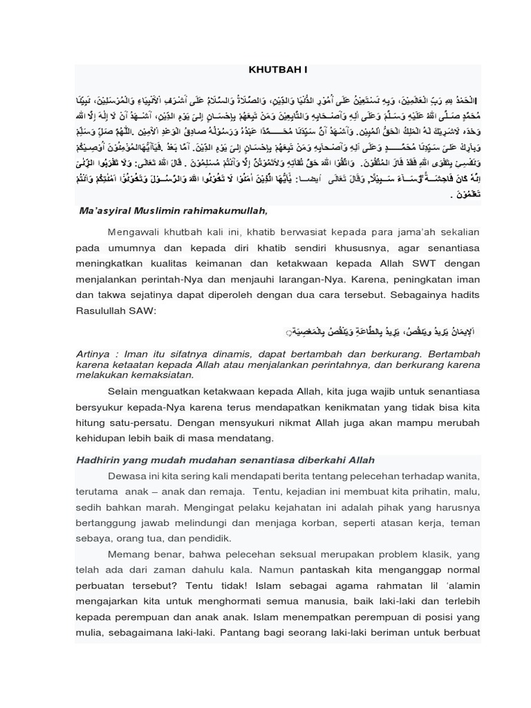 Khutbah Jumat: Iman dan Pencegahan Pelecehan Seksual | PDF