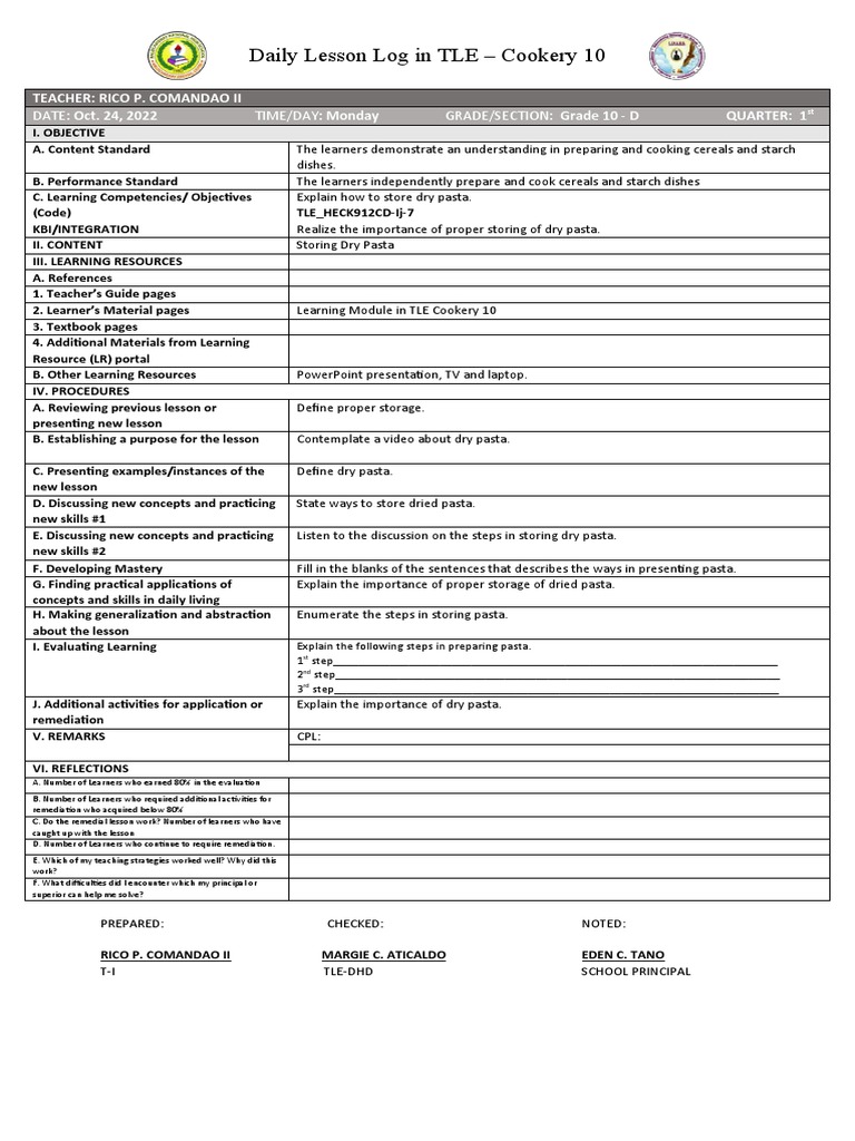 Daily Lesson Log in TLE - Cookery 10 | PDF | Learning | Pasta