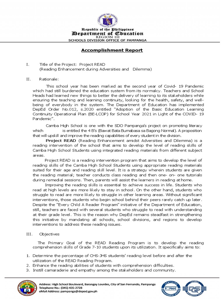 Accomplishment PROJECT READ Ending | PDF | Reading Comprehension | Cognitive Science