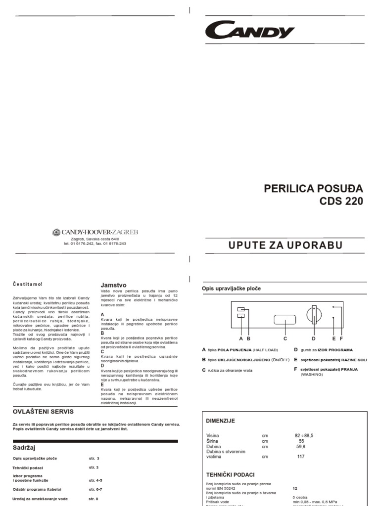 Upute Perilica Posudja Candy Cds 220 | PDF