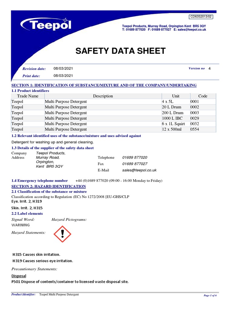 Teepol Multi Purpose Detergent 0001 0002 0003 0029 0032 0554 | PDF ...