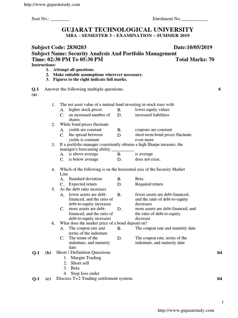 Mba 3 Sem Security Analysis and Portfolio Management 2830203 Summer 2019 | PDF | Bonds (Finance ...