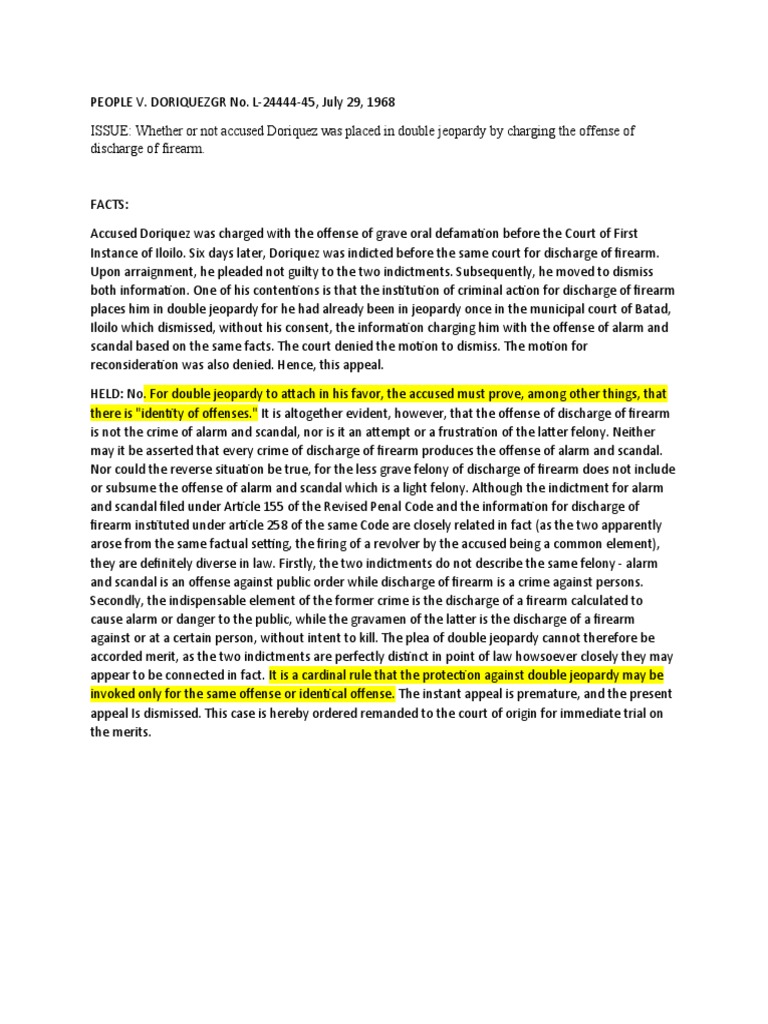 No Double Jeopardy: Charges of Discharging a Firearm and Alarm and Scandal Arise from Separate ...