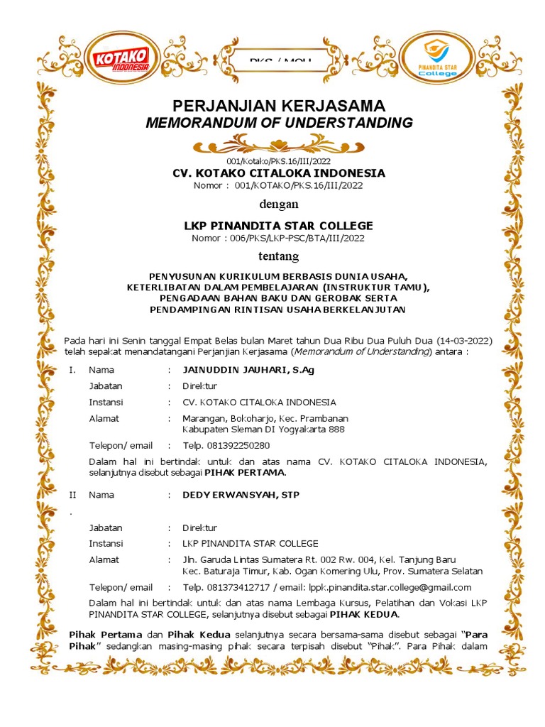 PKS 2022 - Cv. Kotako Citaloka Indonesia + LPK Pinandita Star College | PDF
