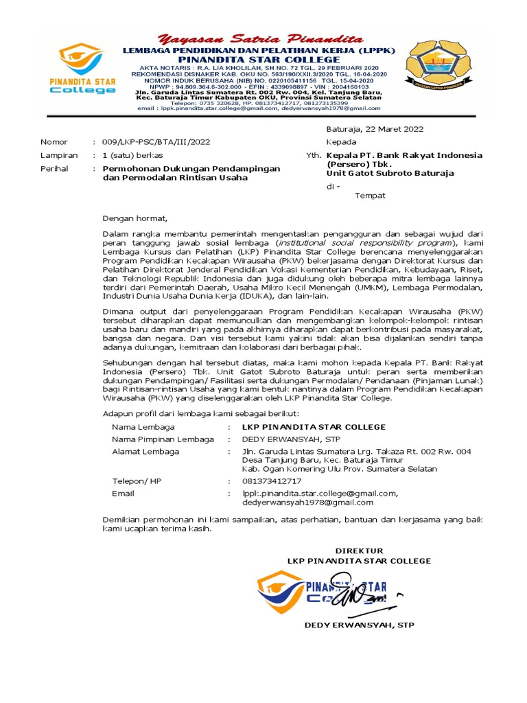 Permohonan Dukungan BRI | PDF | Pengelolaan Keuangan & Uang