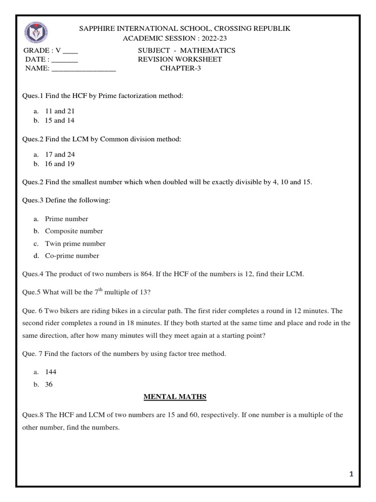 Class 5 Ch-3 Revision Worksheet | PDF | Teaching Methods & Materials