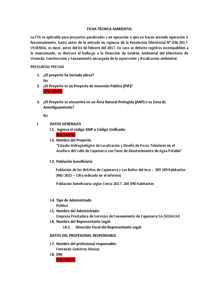 1012 - Ficha Técnica Ambiental Desarrollada - Borrador | PDF | Agua | Agua subterránea