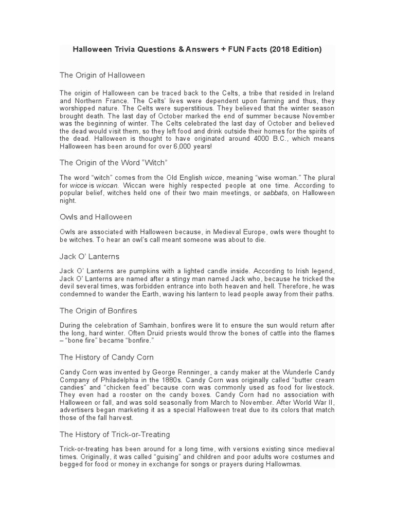 Halloween Trivia Questions | PDF | Halloween | Trick Or Treating