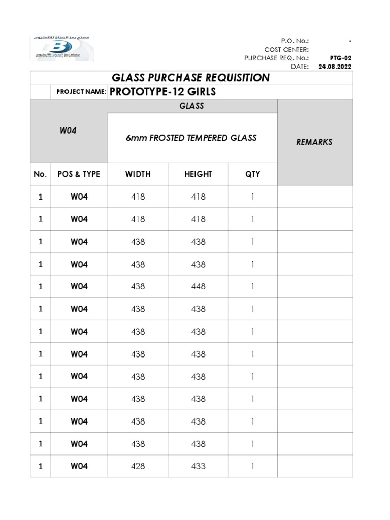 Glass Purchase Requisition Prototype-12 Girls: 6Mm Frosted Tempered ...
