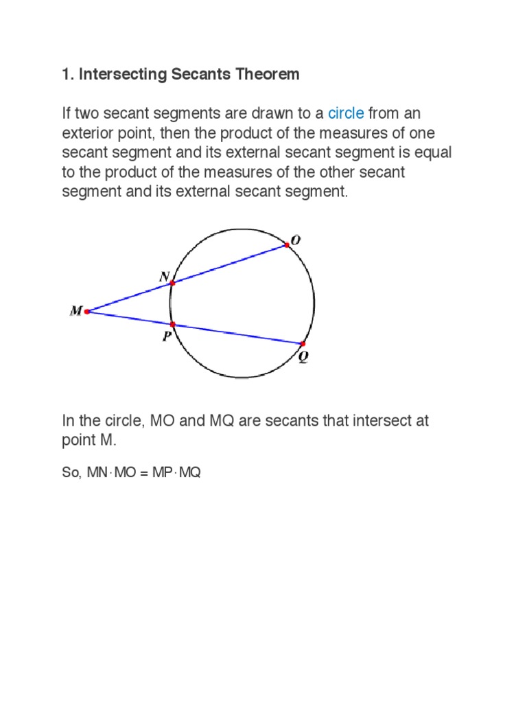 The Intersecting Secant Tangent Theorem Relating The Measures Of Tangent And Secant Segments