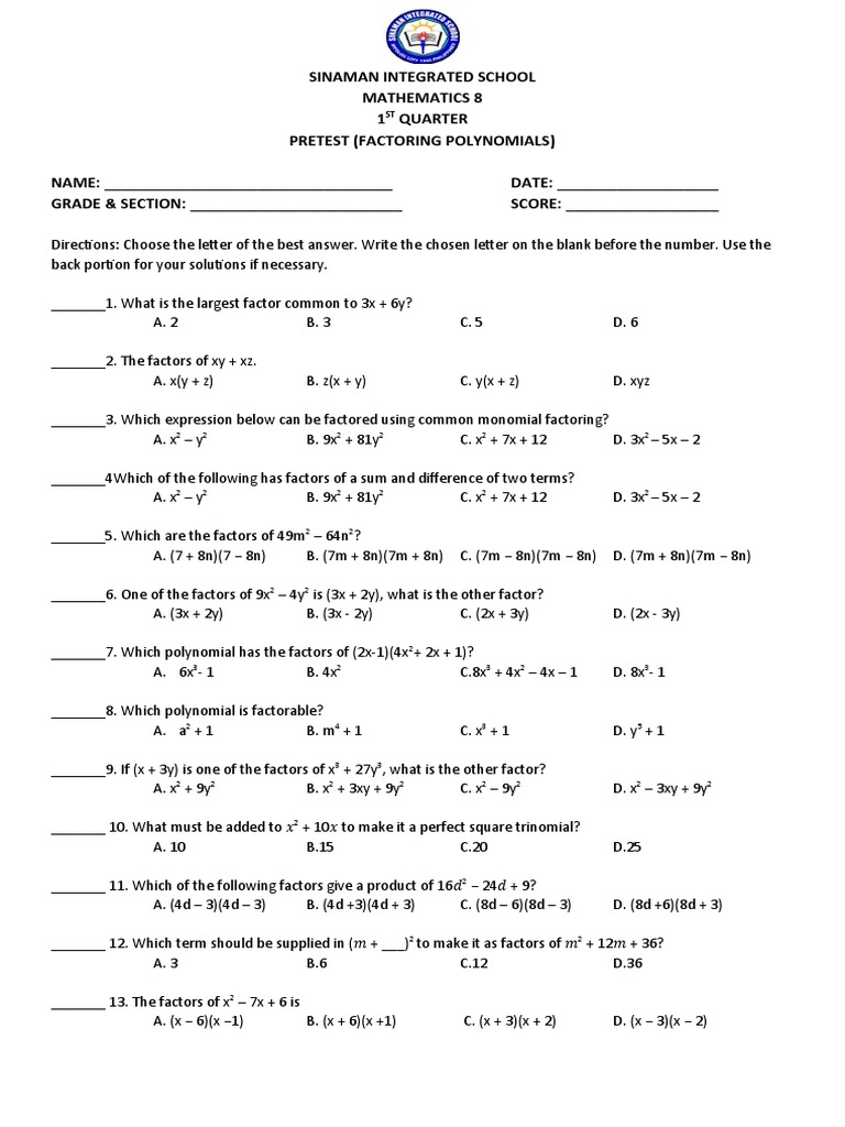 Grade 8 Factoring Polynomials Pretest | PDF | Mathematical Relations ...