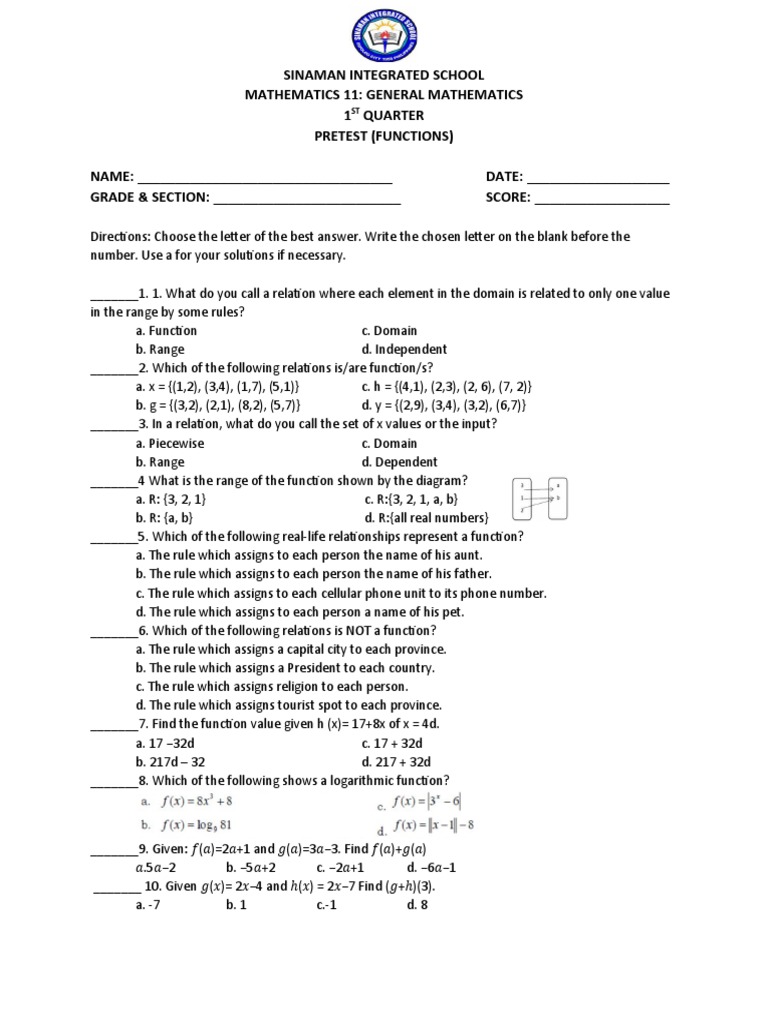 Pretest GENMATH FUNCTIONS | PDF | Function (Mathematics) | Mathematical ... Pretest GENMATH FUNCTIONS | PDF | Function (Mathematics) | Mathematical ...